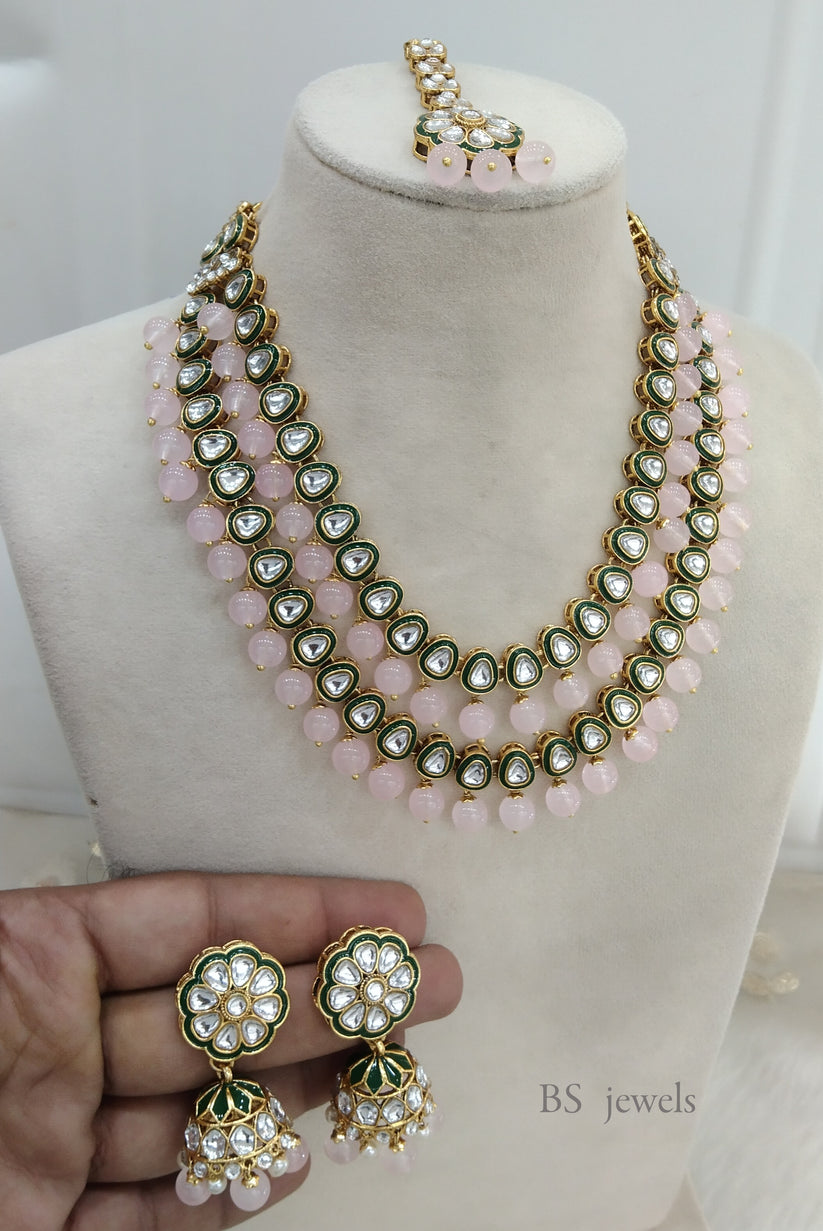 Baby Pink Layered Indian Jewellery Kundan Necklace Jewelry Set – BS Jewels